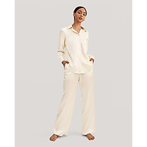 LilySilk Silk Pajama Set for Women Silk 2 pieces Ladies PJ Set Trendy Sleepwear With Double Oblique Pocket, Lily White M