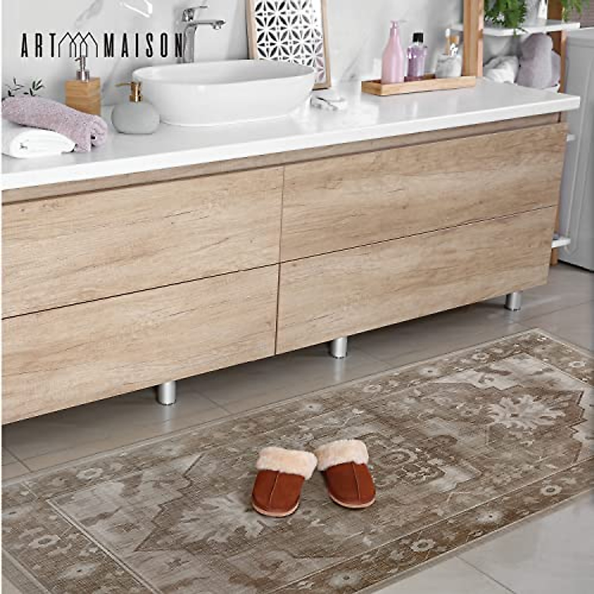 Art Maison Area Rug Machine Washable, Waterproof Boho Persian Area Rug for Living Room, Bedroom, Bathroom, Kitchen, Pet Friendly Vinyl Material (18X42, Clay)