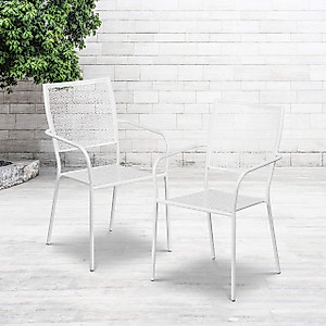 EMMA + OLIVER Commercial Grade White Indoor-Outdoor Steel Patio Arm Chair with Square Back