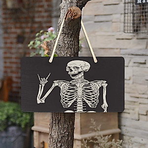 Human Skeleton Skull Hanging Door Sign Plaque, Funny Halloween Wall Signs Home Decor with String Decorative Hanging Sign for Front Door Yard Garden Entrance Porch Farmhouse Office 6x11 inches
