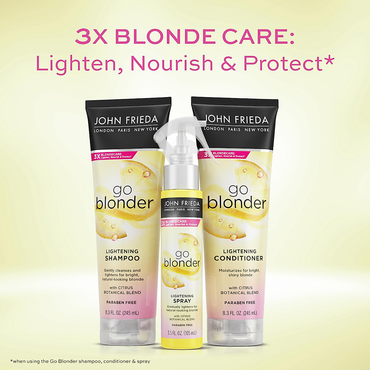 John Frieda Go Blonder Shampoo and Conditioner Set, Gradually Lightens Blonde Color Up, For Natural or Color-Treated Hair, Formulated with a Citrus Botanical Blend, Paraben Free, 8.3 oz, Pack of 2