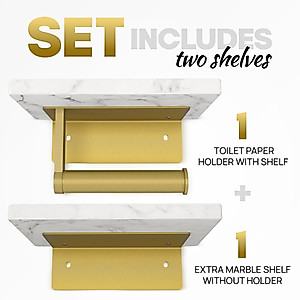 Double SHELVE Toilet Paper Holder with Natural Marble Shelf, Screw Wall Mounted, Tissue Roll Holder for Bathroom Gold