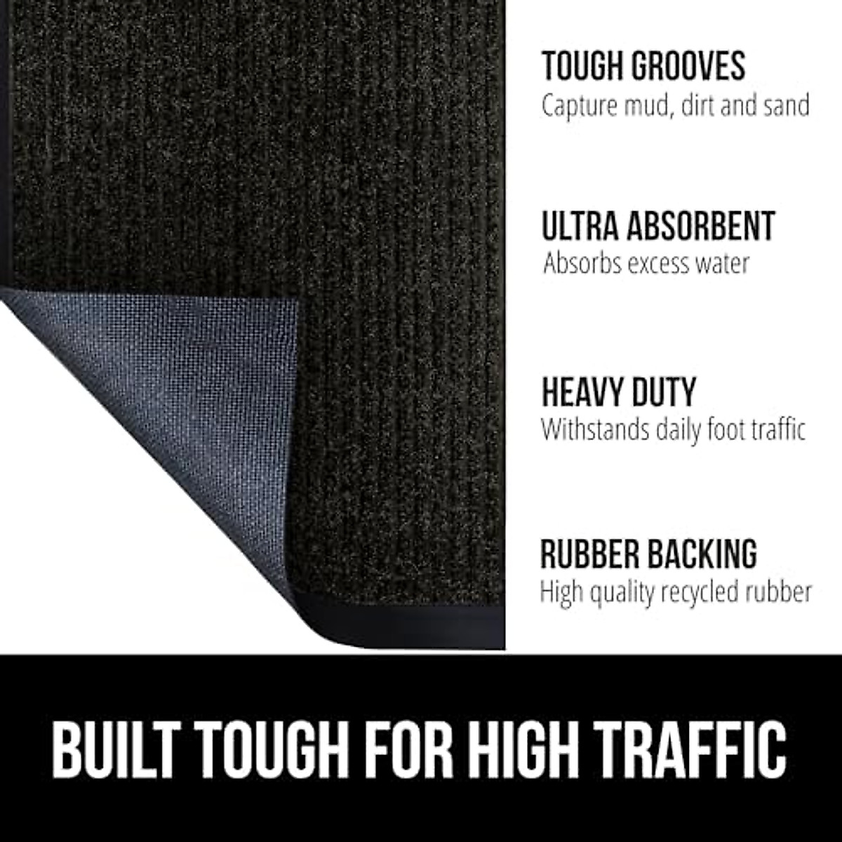 Gorilla Grip Waterproof Heavy Duty Traffic Guard Doormat, Stain and Fade Resistant Indoor Outdoor, Durable Rubber, Low Profile Door Mat, Shoe Scraper, Welcome Rug Mats for Entry, 72x48, Black