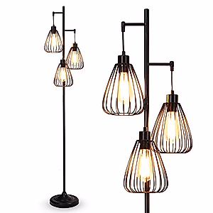 Tangkula 3 Lights Industrial Floor Lamp, Rustic 3-Head Tall Lamp, 67Inch Metal Standing Lamp, Tree Lamp with 3 Hanging Lampshade, Cage Floor Lighting for Farmhouse Living Room Kitchen Bedroom (Black)