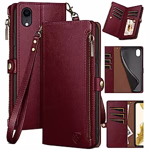 XcaseBar for iPhone XR 6.1" Wallet case with 【RFID Blocking】 Zipper Credit Card Holder, Flip Folio Book PU Leather Phone case Shockproof Cover Women Men for Apple XR case Wine Red