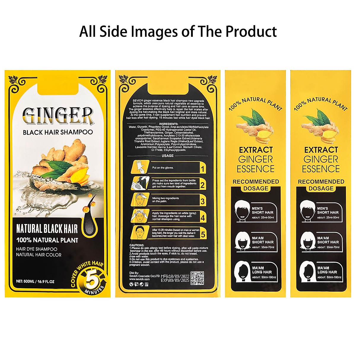 500ml Ginger Black Hair Shampoo, Ginger Shampoo Fast Black Hair Hair Color Dye Nourishing Shampoo, 2-in-1 Semi Permanent Shampoo Last 30 days,5 Minutes Finsh