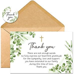 BYBOUS 50Pcs Funeral Sympathy Thank You Cards with Envelopes and Matching Seal Stickers, Green Leaf Cross Bereavement Card with Message for Memorial Service Loved Ones Celebration of Life