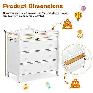 Costzon 3-Drawer Changing Table, Infant Diaper Changing Station with Drawers, Safety Rails & Strap, Baby Changing Table Dresser for Nursery, Easy Assembly (White)