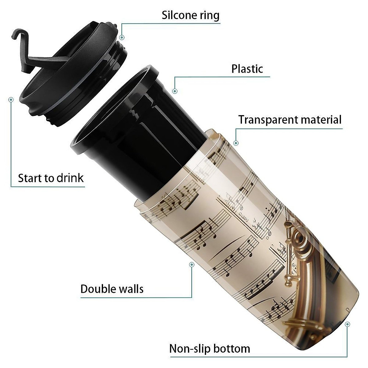 NTVOWPZO Travel Coffee Mug Flute Music Insulated Travel Mug Stainless Steel Coffee Tumbler Travel Coffee Cup Reusable Coffee Cups with Lids for Hot And Cold Drink