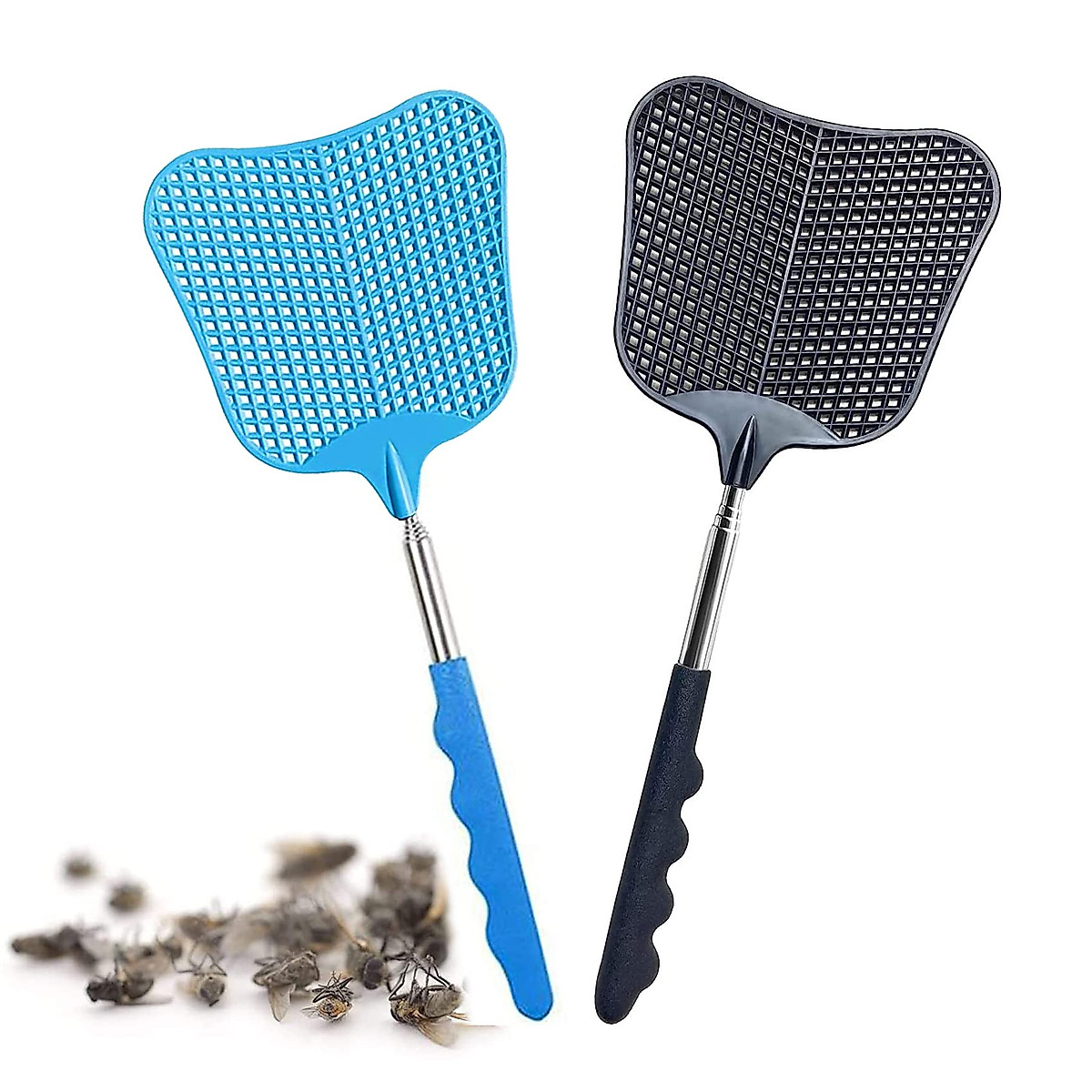 EasyULT 2 Pieces Fly Swatter, Extendable Fly Swatter Lightweight Manual Swat Pest Control, Adjustable Length 26 to 75 cm, Adjustable Stainless Steel Telescopic Handle(Blue + Black)
