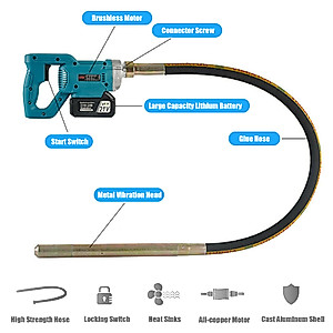 Concrete Vibrator 5000RPM 110v 800W Electric Vibrator Portable Hand Held Power Concrete Vibrators with 1m(3.3ft) vibrating rod, 2 Battery and Charger, One-key Start