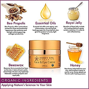 Honey Girl Organics Face & Eye Crème, USDA Certified Organic Facial Moisturizer & Under Eye Cream for Wrinkles, Dark Circles and Puffiness w/Hydrating Honey, Beeswax, Essential Oils & EVOO. 1.75oz