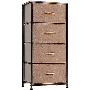 DHMAKER Vertical Dresser Storage Tower, Steel Frame, Wood Top, Easy Pull Textured Fabric Bins - Organizer Unit for Bedroom, Hallway, Entryway, Closets - 4 Drawers- CAMEL