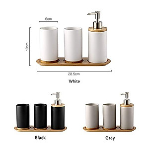Onepine 4-Piece Ceramic Bathroom Set Includes Soap Dispenser Pump, Toothbrush Holder, Tumblers, Wooden Tray