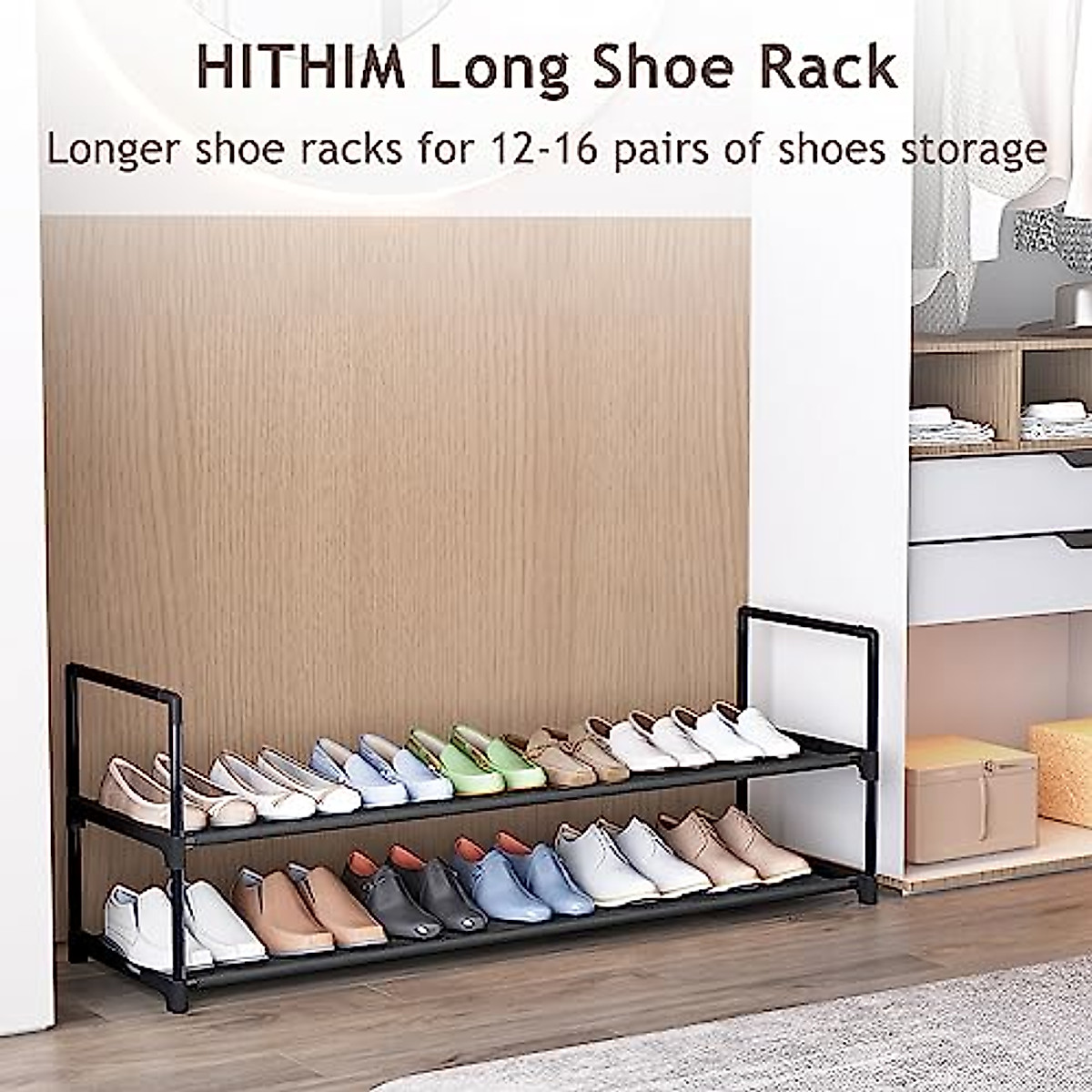 HITHIM 2 Tier Long Shoe Rack,Stackable Wide Shoe Shelf for Shoe Storage,Sturdy Shoe Stand,Non-Woven Fabric Shoe Organizer for Closet,Upgrade Shoe Holder for Entryway, Doorway and Bedroom