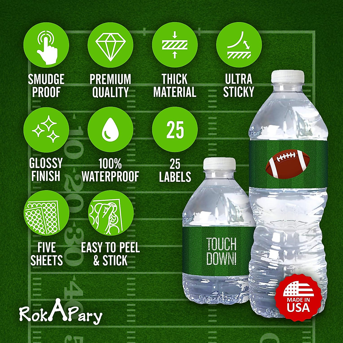 25 Sports Football Water Bottle Labels, Waterproof Water Bottle Wrappers, Great Stickers for Birthday Party, Baby Shower, Wedding, Graduation, or Any Family Event Decorations, Made in USA