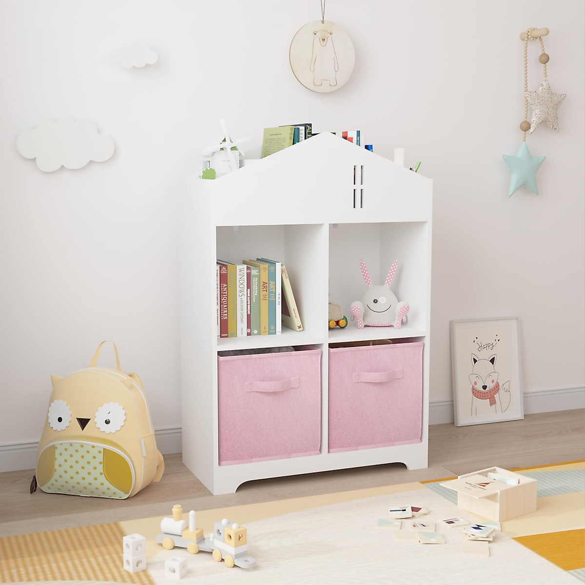 Tzou Kids Dollhouse Bookcase with Storage, Toddler Bookshelf, 2-Tier Storage Display Organizer with 2 Collapsible Fabric Drawers for Boys Girls Bedroom, Playroom House Bookshelf White+Pink