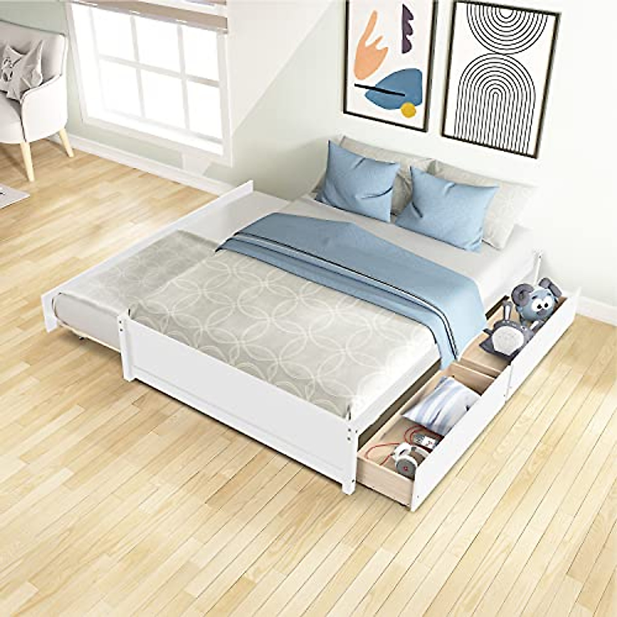 OPTOUGH Full Size Platform Bed with Trundle and 2 Drawers, Solid Wood Full Kids Beds, White