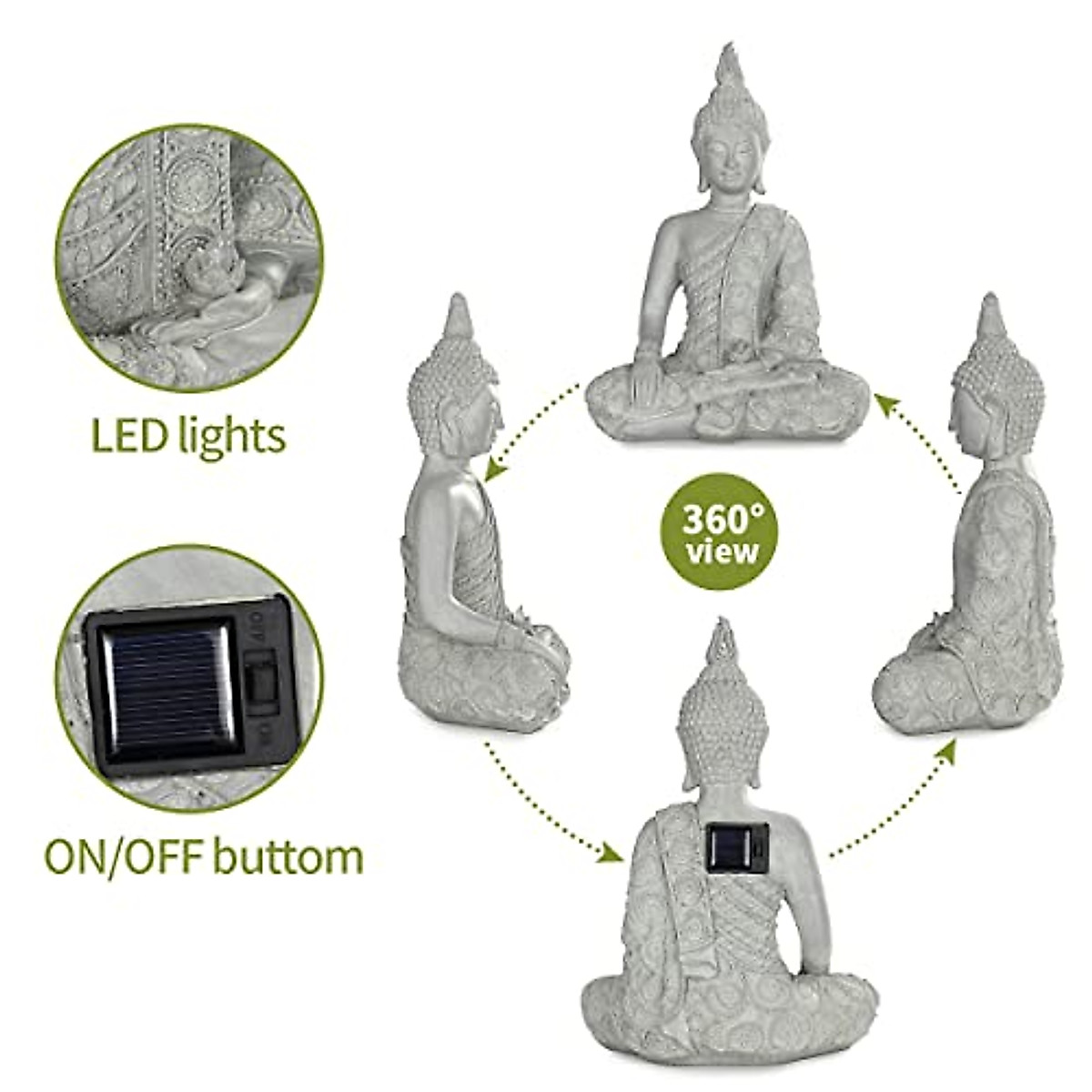 CHRUI Solar Outdoor Buddha Statue, 13 Inch Antique Thai Shakyamuni Sitting Statue Resin- Home & Outdoor Decor for Garden, Patio, Deck, Porch - Yard Art Decoration