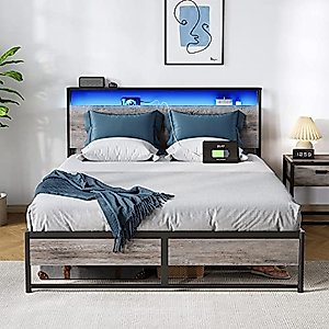 LINSY LIVING Queen Bed Frame with Headboard, Platform Metal Bed Frame with Lights, Outlets & Charger, 45 Minutes Fast Assembly Bed Queen Size with Storage, No Box Spring Needed, Greige