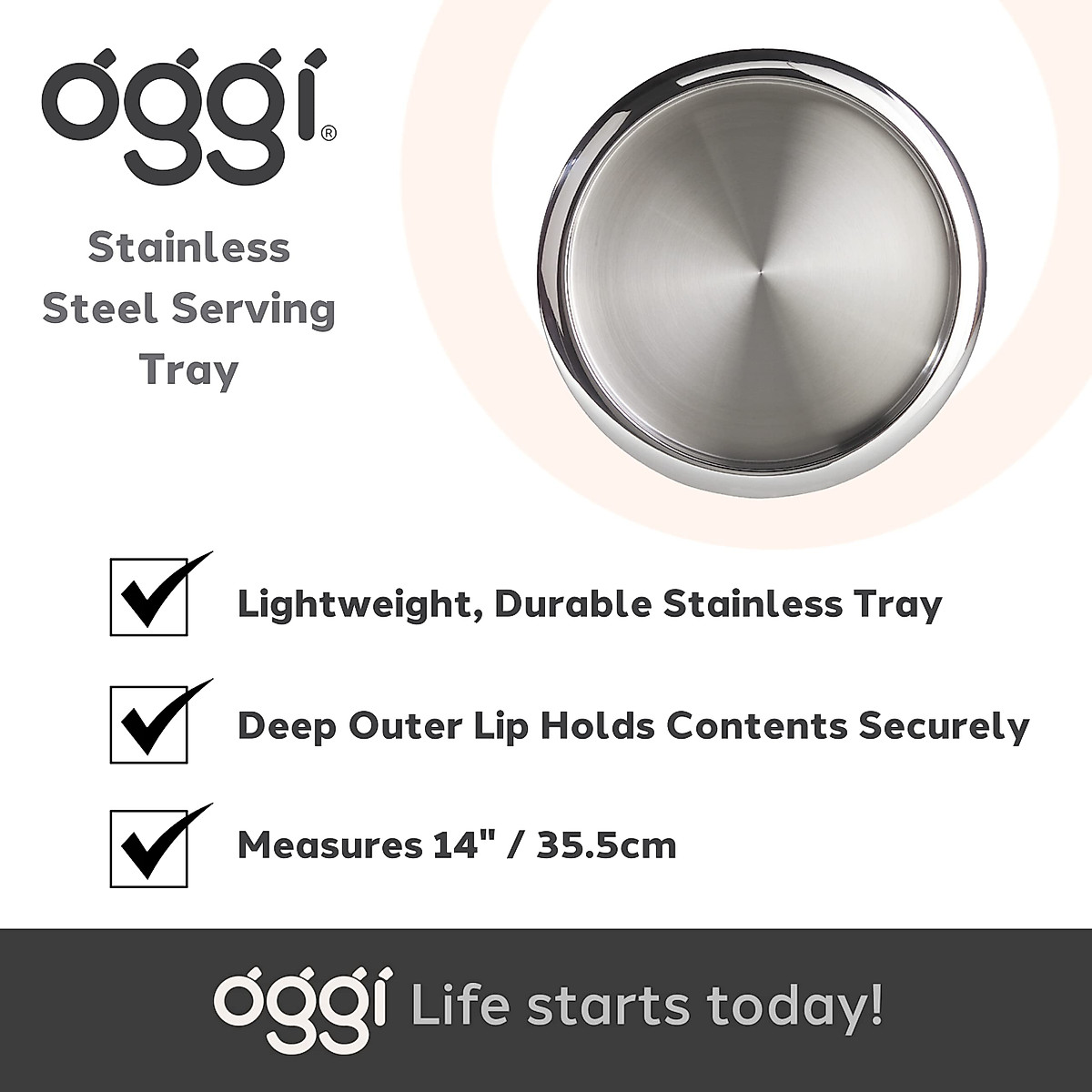 Oggi Round Tray Steel 14" - Ideal Coffee Table Tray, Decorative Tray, Tea Tray and Bar Serving Tray Stainless Steel, (7063.)