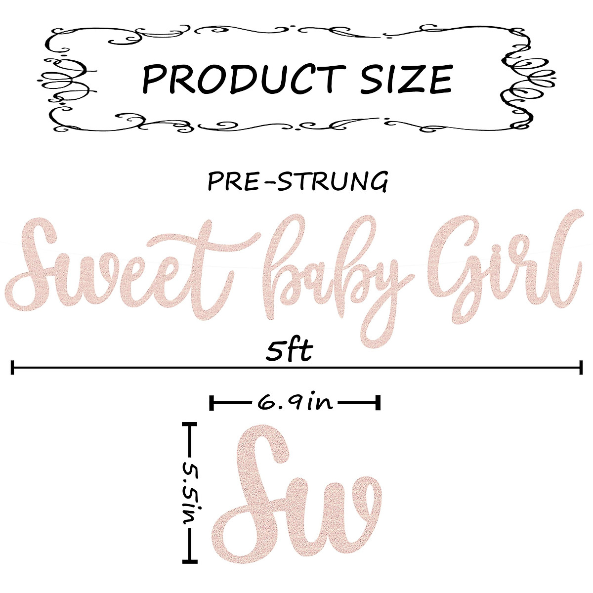 Pre-Strung Sweet Baby Girl Banner - Rose Gold Glitter Baby Shower Decorations for Girls, Perfect for Gender Reveal Party/First Birthday Party, Photo Booth Props