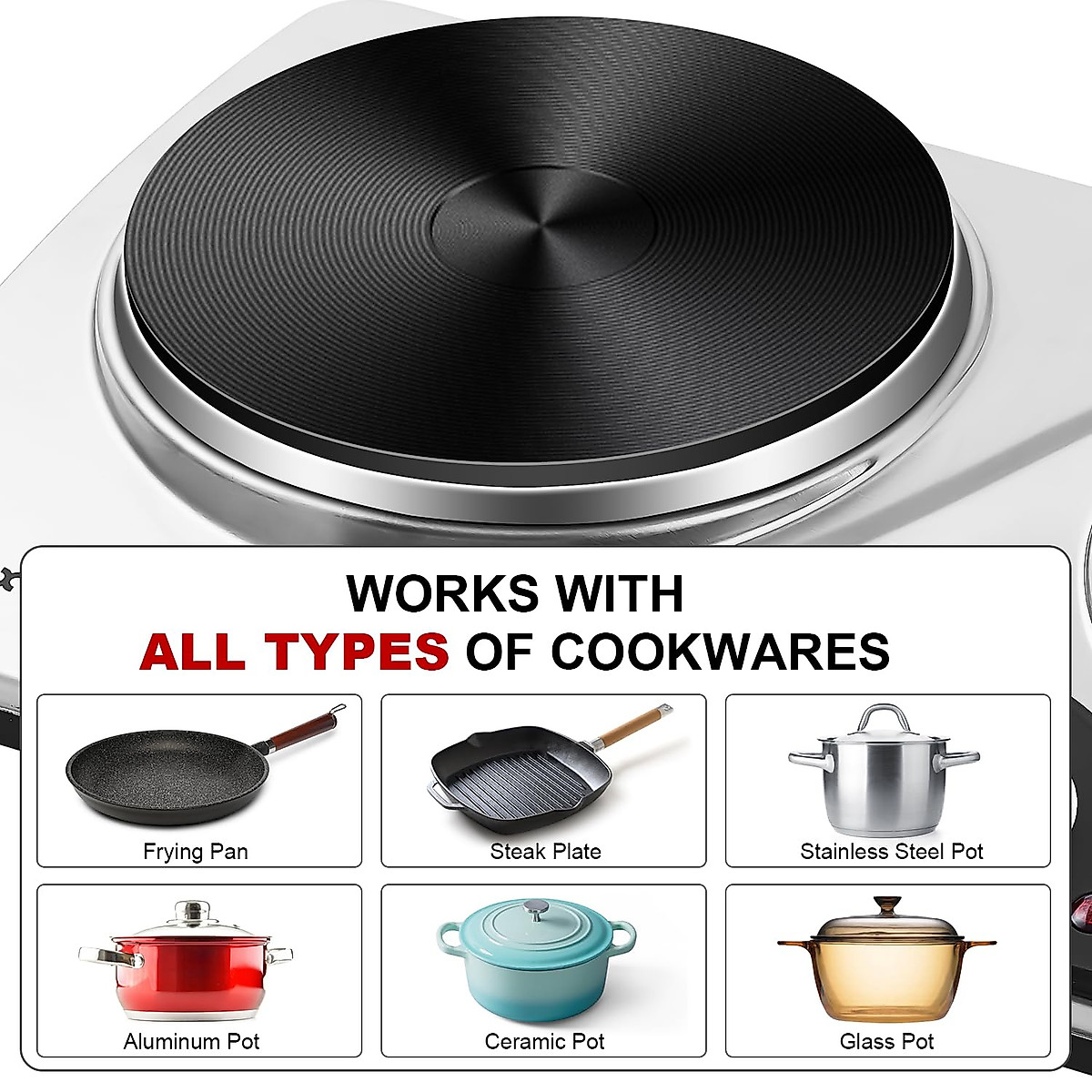 Double Hot Plate, CUSIMAX 1800W Double Burners Portable Electric Stove, Electric Hot Plate for Cooking, Countertop Burner with Dual Adjustable Temperature, Compatible for All Cookwares, Sliver