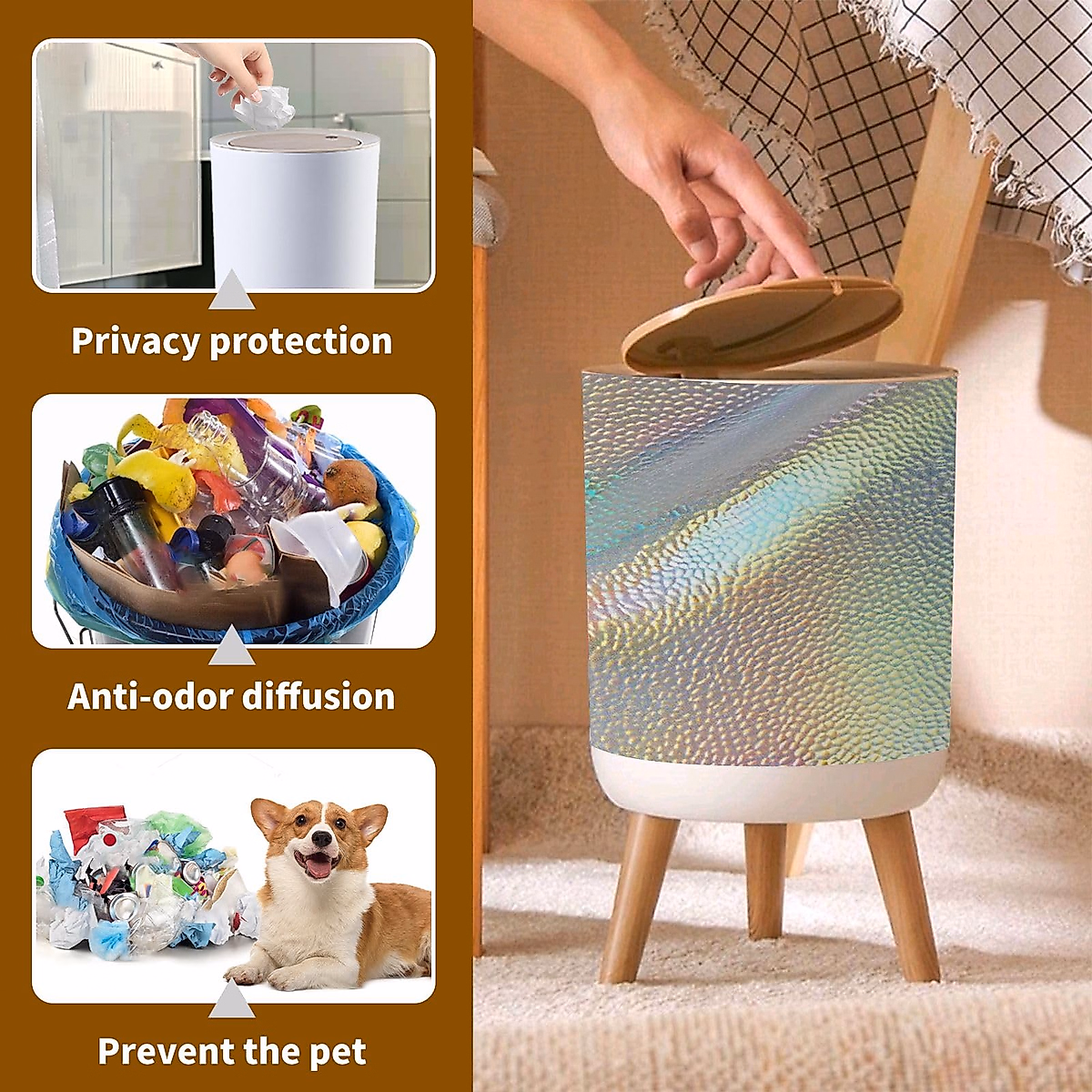 Trash Can with Lid Holograph Holographic texture foil abstract backdrop Iridescent Garbage Can Round Waste Bin Press Cover Dog Proof Wastebasket for Kitchen Bathroom Living Room Nursery 1.8gal, ljt
