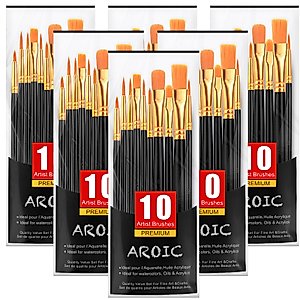 AROIC Acrylic Paint Brushes, 6 Packs / 60 pcs Nylon Hair Paint Brush Set for All Purpose Oil Watercolor Painting Artist Professional Kits (Black)