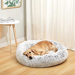 Bedfolks Calming Donut Dog Bed, 36 Inches Round Fluffy Dog Beds for Large Dogs, Anti-Anxiety Plush Dog Bed, Machine Washable Pet Bed (Light Grey, Large)