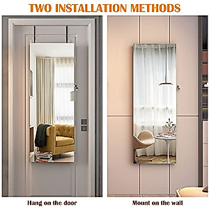 Vlsrka Mirror Jewelry Cabinet with 3 LED Lights, Wall/Door Mounted Jewelry Armoire Organizer with Full Length Mirror Large Capacity Storage Hanging Cabinet, Built-in Lighted & Movable Makeup Mirror