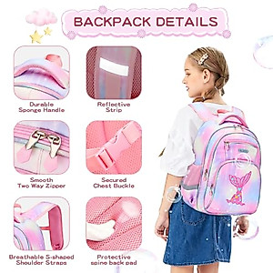 Kids Backpack for Girls Preschool Elementary Kindergarten Mermaid School Bag 15.6″ Multifunctional Cute Large Capacity