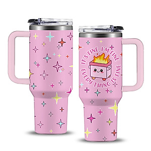 NIAXAUYT Funny Gifts for Women, 40oz Dumpster Tumbler with Handle, Pink Office Desk Accessories, Birthday Christmas Gifts for Coworkers Friends, It's Fine Everything Is Fine Mug