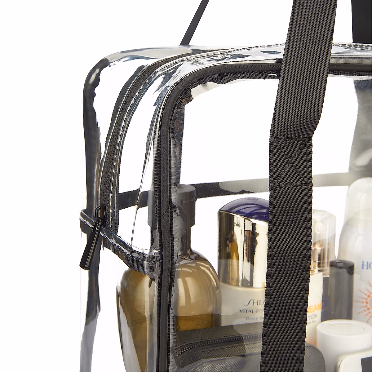 HAOGUAGUA Extra Large Clear Cosmetic Makeup Bag, Transparent PVC Tote Shoulder Bag Stadium Approved, Waterproof Clear Toiletry Carry Pouch Makeup Artist Bag Diaper Bag (Black)