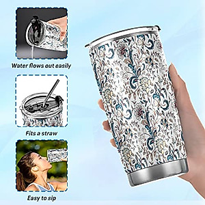 Retro Flower White Stainless Tumbler Insulated Coffee Cups with Lid and Straw Travel Mug for Hot and Cold Drinks 20oz