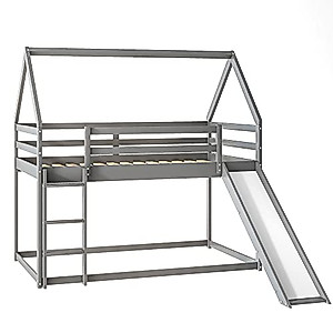 Harper & Bright Designs House Bunk Bed with Convertible Slide and Ladder, Twin Over Twin Bunk Bed with Roof and Security Guardrails, Floor Bunk Bed for Kids (Gray)