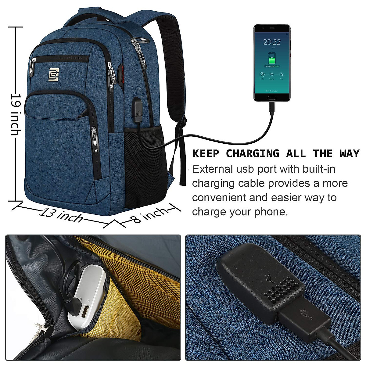 Laptop Backpack,Business Travel Anti Theft Slim Durable Laptops Backpack with USB Charging Port,Water Resistant College Computer Bag for Women & Men Fits 15.6 Inch Laptop and Notebook - Blue