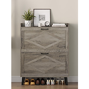 OtterOasis Shoe Storage Cabinet with 2 Flip Drawers, Farmhouse Narrow Shoe Cabinet for Entryway, Slim Shoe Organizer Cabinet with Wood Legs, Washed Gray