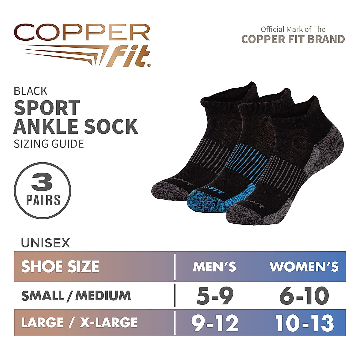 Copper Fit Unisex Adult Ankle Length Sport Socks, Black, Small-Medium US