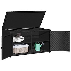 vidaXL Patio Storage Cabinet in Black – Outdoor Poly Rattan Organizer with Robust Steel Frame for Garden, Deck, Poolside – 43.3"x21.7"x23.8"