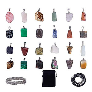 SUNNYCLUE 48pcs Crystal Stone Charms Kit Irregular Shape Gemstone Chakra Beads Charms 12pcs Imitation Leather Cord Necklace & 12pcs Cross Chains & Velvet Pouches for Necklace Jewelry Making