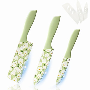 WREWING Kitchen Knife Set, 3 Pieces Green Flower Coated Knife Set with Cover, Stainless Steel Non-Stick Chef Knives Set with Ergonomic Plastic Handle, Lightweight Kitchen Knives for Mother Women Girl