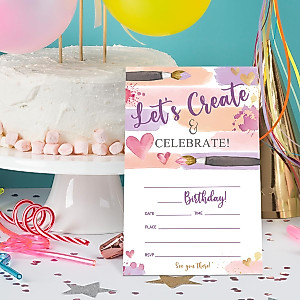 UDNADKEX Art Birthday Invitations Girl with Envelopes, Invites for Girls Birthday Party Art Painting, Paint Birthday Party Invitations Cards, 4"x6" Set of 20, Let's Create & Celebrate