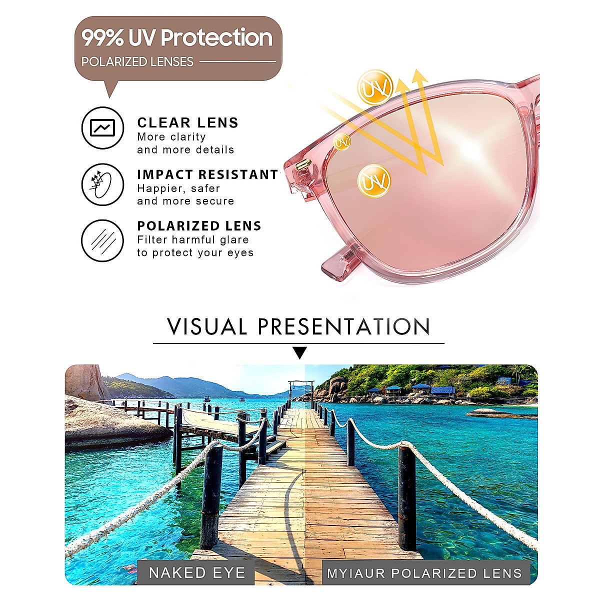 Myiaur Women's Polarized Sunglasses with Mirrored Lens & UV400 Protection - Trendy & Stylish Large Glasses