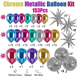 Futureferry Metallic Balloon Garland Kit 153Pcs Disco Party Decoration with Chrome Blue Green Red Magenta Purple Gold Silver Balloons for 80s 90s Theme Birthday Graduation Anniversary Party