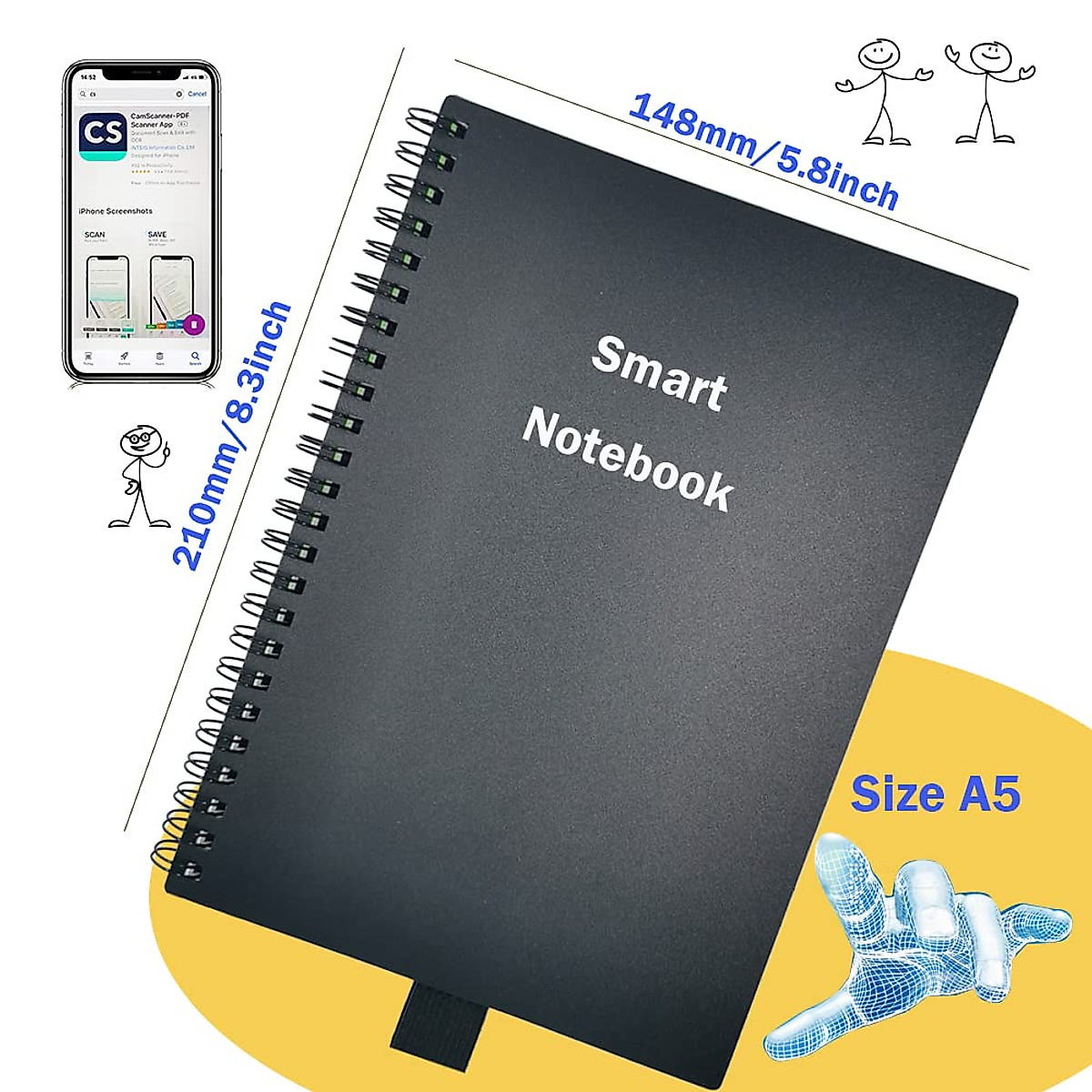GOTTOWOW Reusable Smart Erasable Notebook, Heat Wet Erase, Waterproof, Wire bound Notebook, Spiral Notebook, Wide Ruled Paper, Blank Paper, Erasable Pen, Cloud Storage, 62 Pages, A5 (black 1)