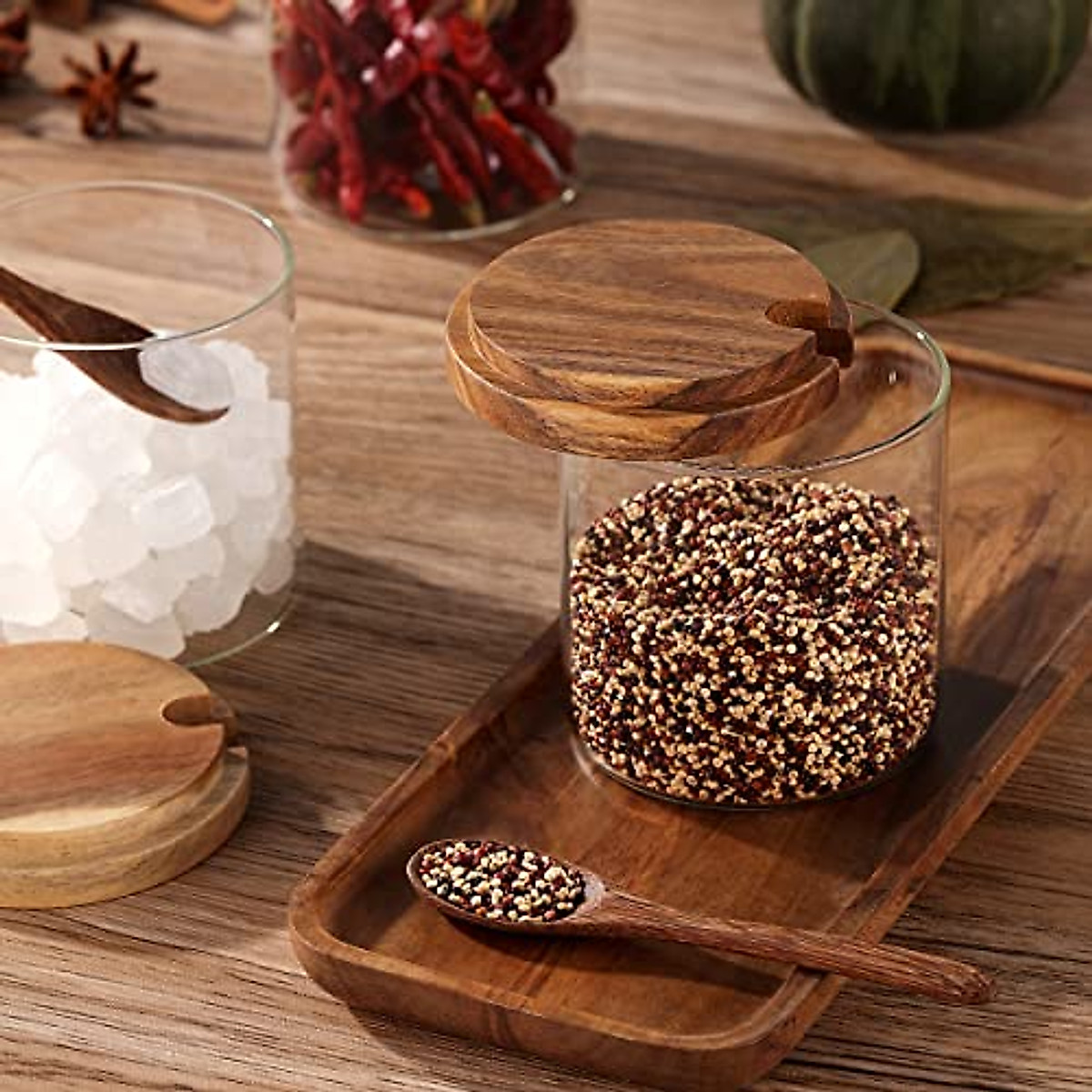 3 Pack 250ml / 8.5oz Clear Glass Seasoning Jar with Wooden Lid and Spoon, Adorable Sugar Bowl Bath Salt Storage Container, Kitchen Pepper