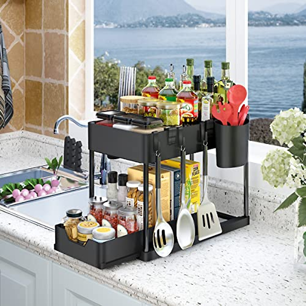 Under Sink Organizers 2 Pack, 2 Tier Sliding Under Bathroom Cabinet Storage Drawer Organizer with Hooks, Hanging Cup, Dividers for Bathroom, Kitchen Multi-Purpose, Under Sink Organizers and Storage