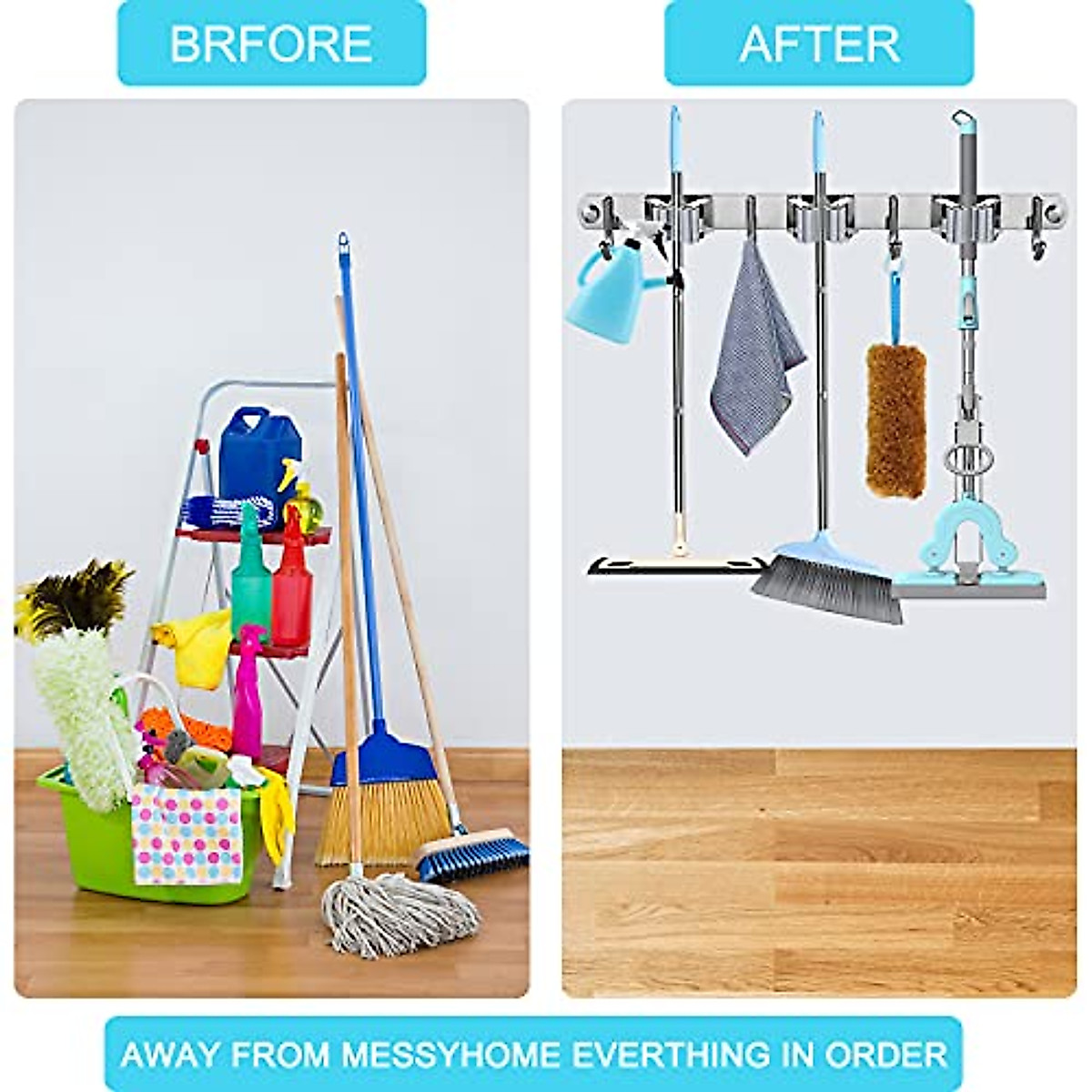 2 Pack Mop and Broom Holder, Broom Holder Wall Mount, Broom Organizer Wall Mount, Stainless Steel Broom Holder with 3 Racks and 4 Hooks, Mop Holder for Home Kitchen Office Garden Garage