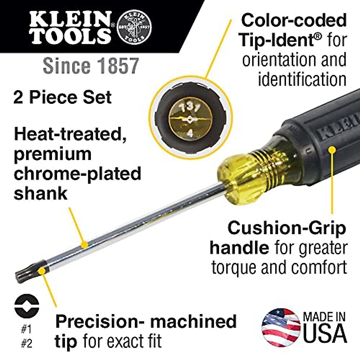 Klein Tools 32378 Combination Tip Screwdriver Set with #1 and #2 Combination Tips and Cushion-Grip Handles, 2-Piece